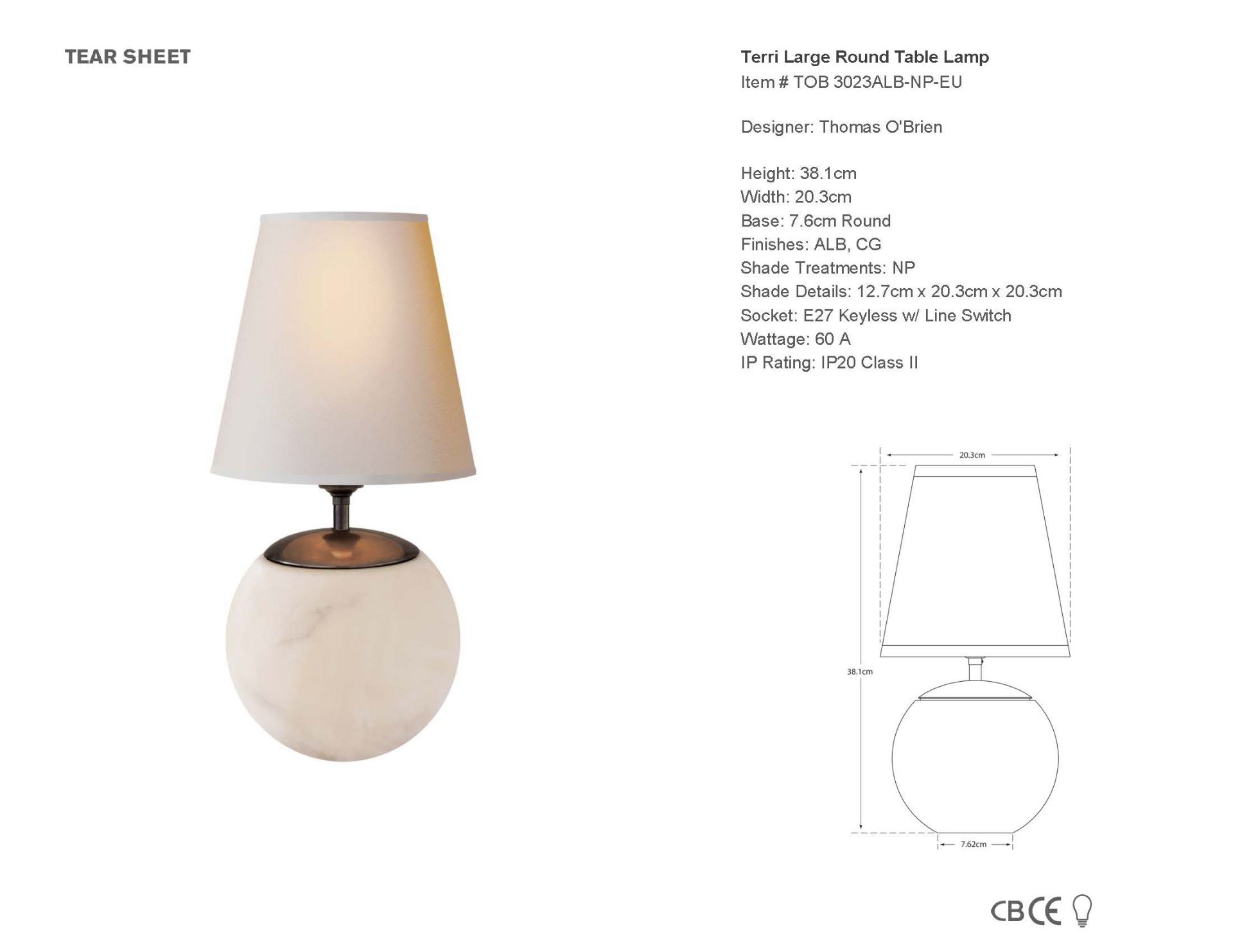 Terri Large Round Table Lamp in Alabaster with Natural Paper Shade ...