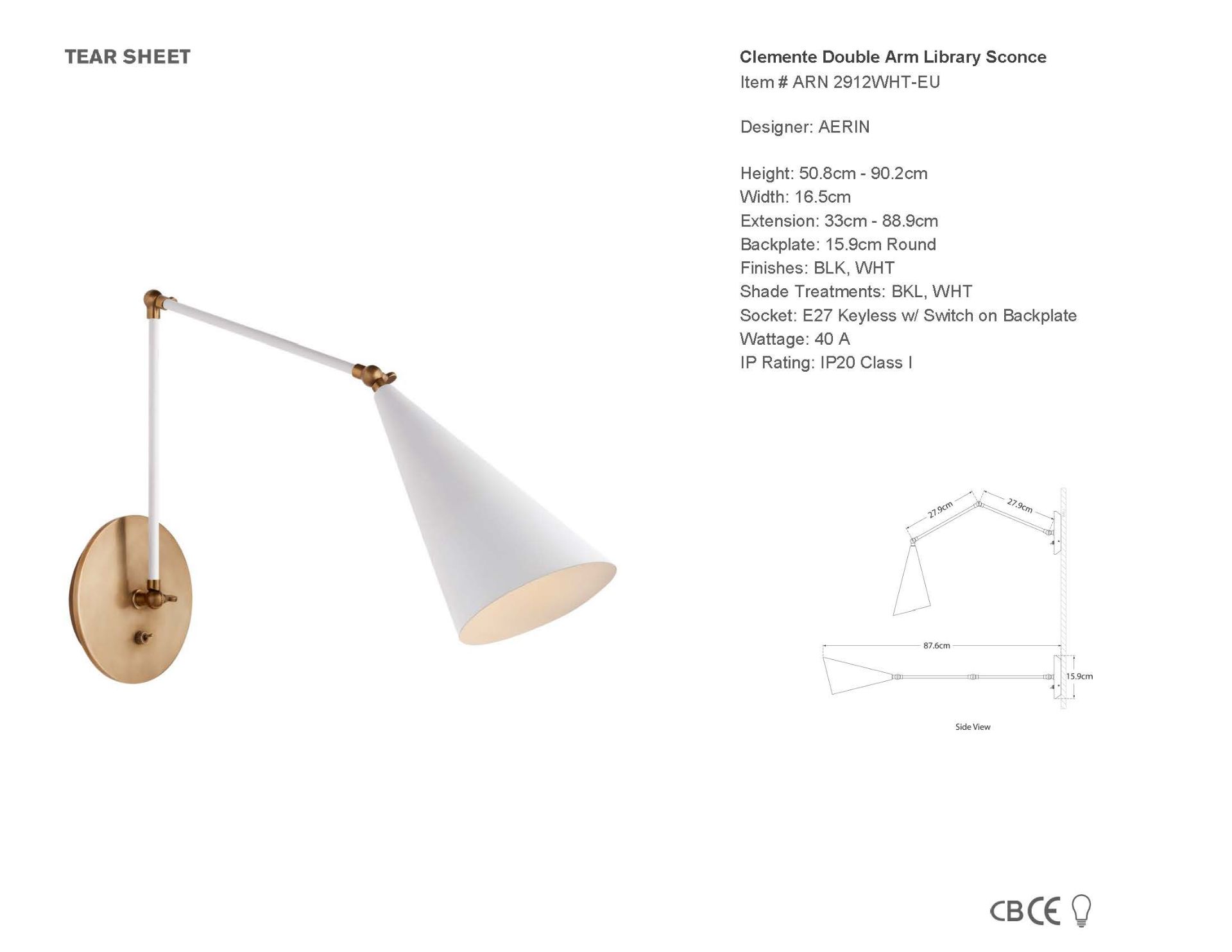 Clemente Double Arm Library Sconce in White - Lumiere