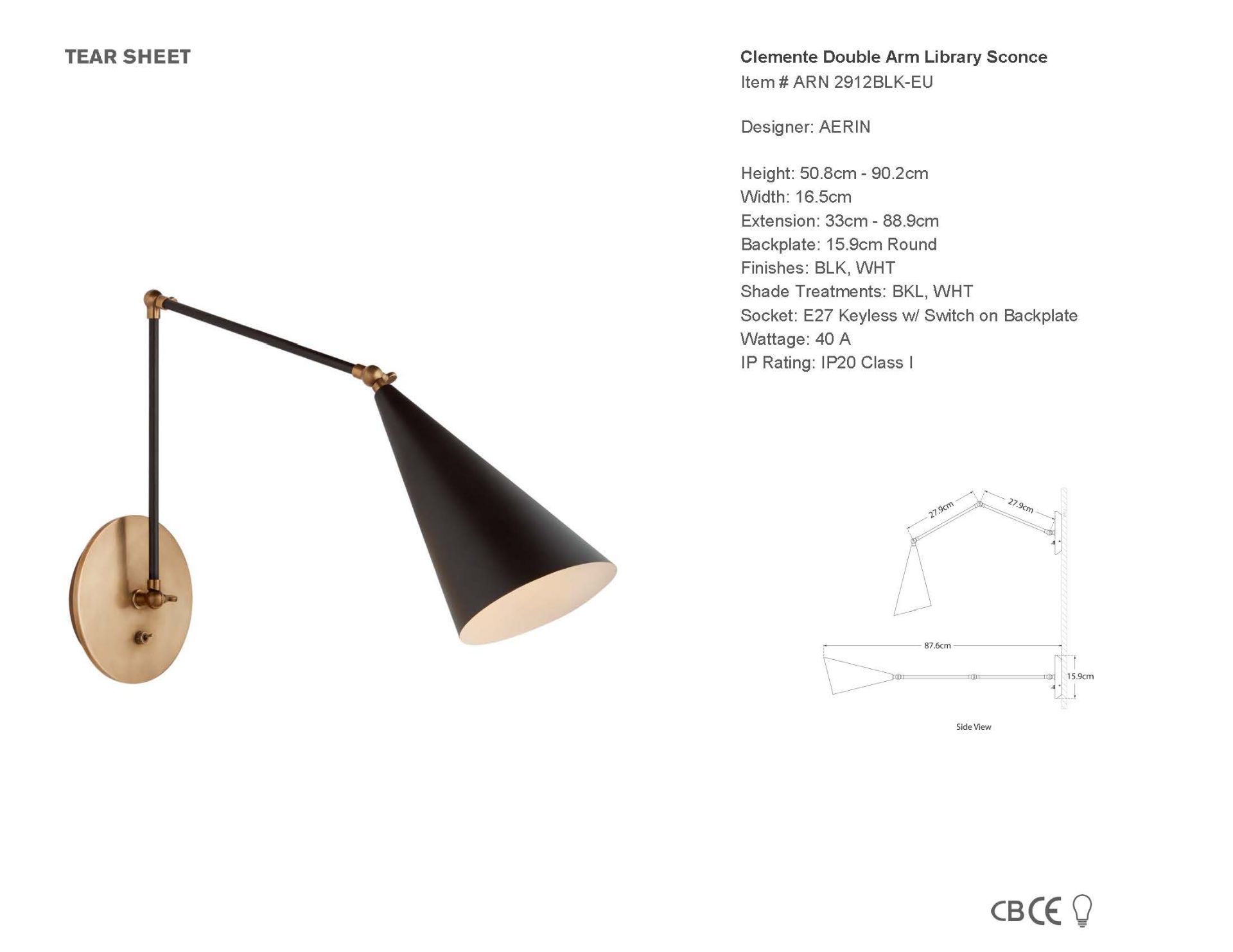 Clemente Double Arm Library Sconce in Black - Lumiere