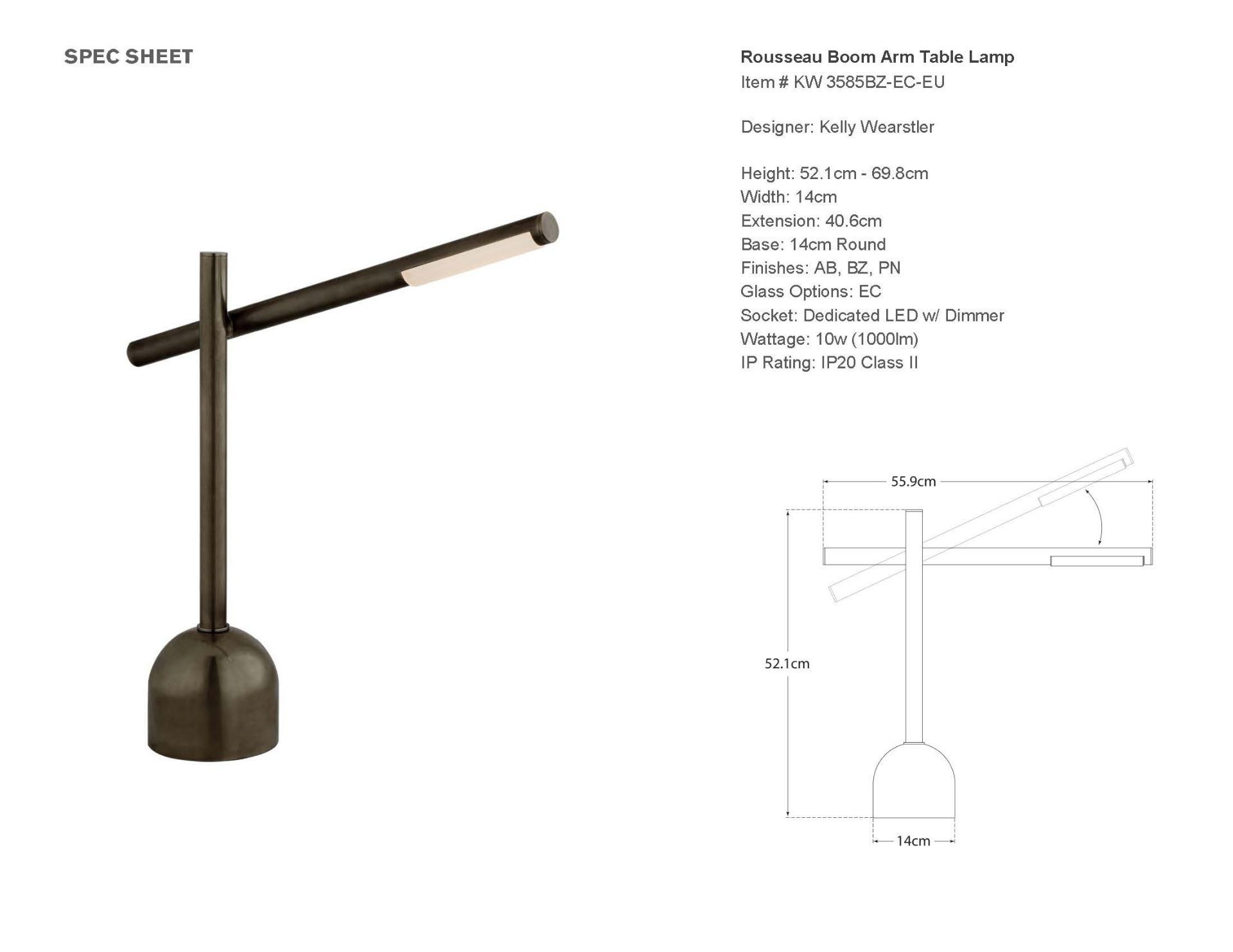 Rousseau Boom Arm Table Lamp in Bronze with Etched Crystal - Lumiere
