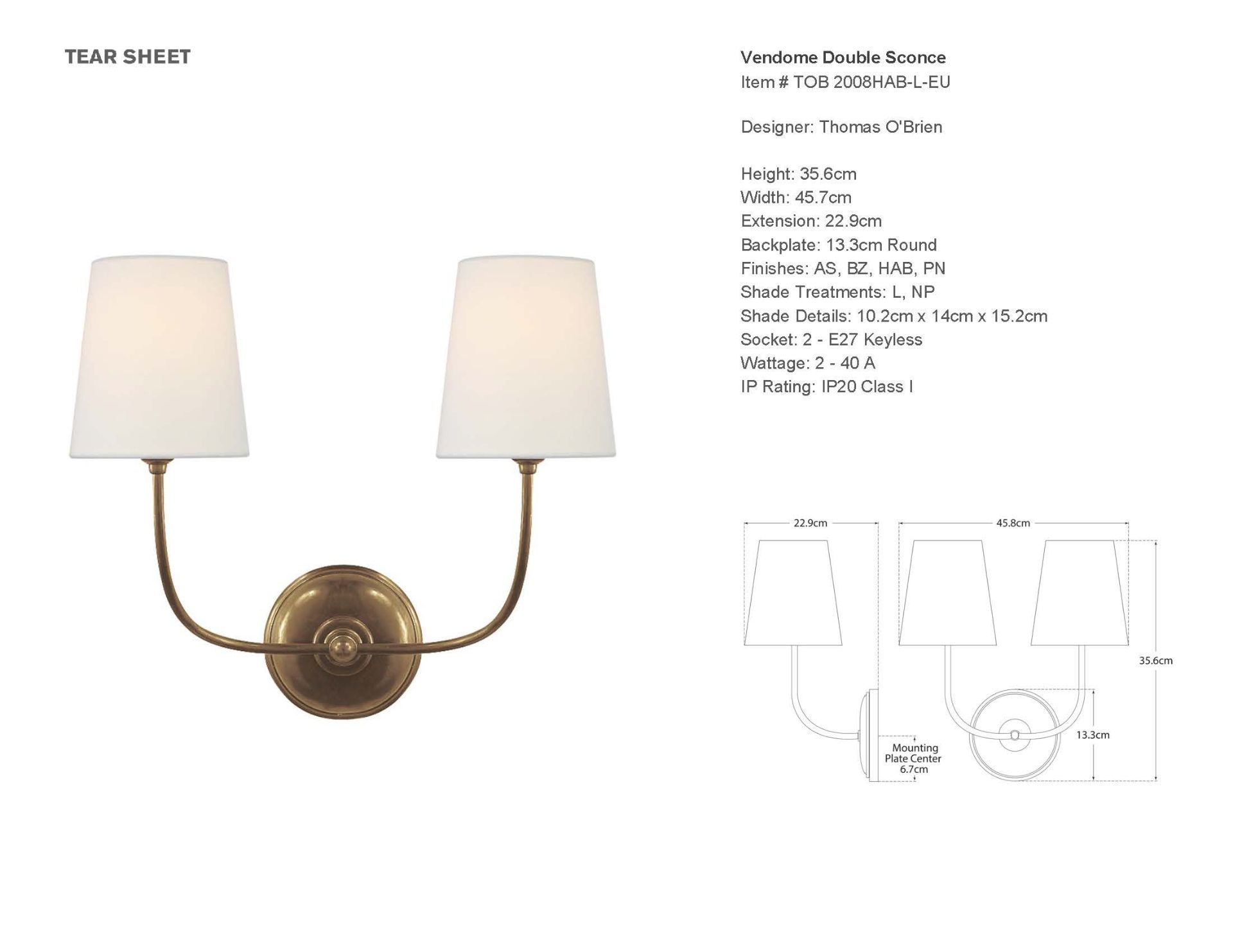 Vendome Double Sconce in Hand-Rubbed Antique Brass with Linen Shades ...