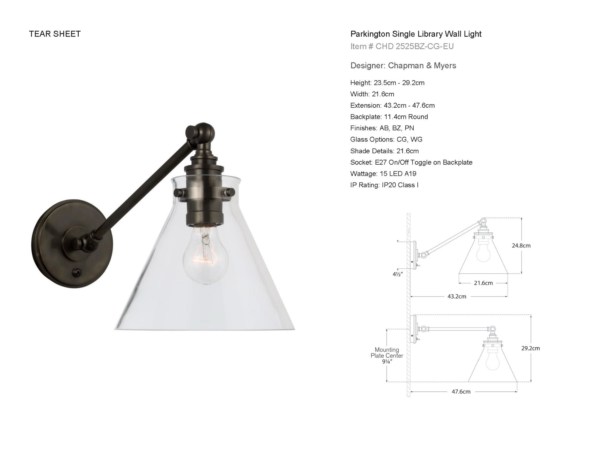 Parkington Single Library Wall Light in Bronze with Clear Glass Shade ...