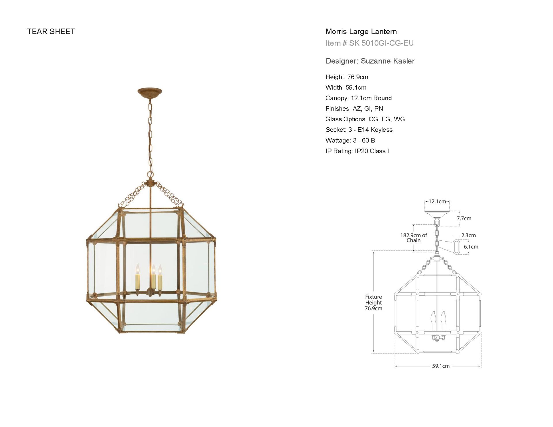 Morris Large Lantern in Gilded Iron and Clear Glass - Lumiere