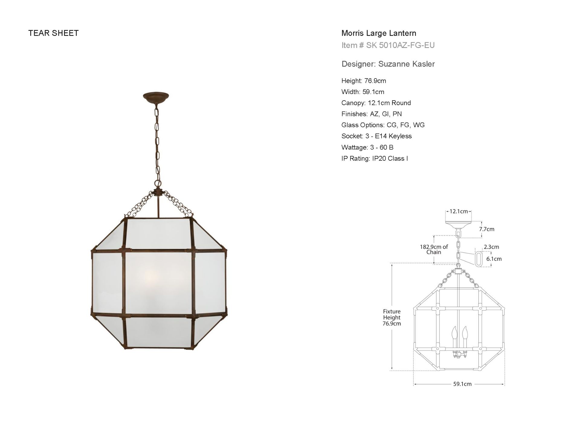 Morris Large Lantern in Antique Zinc and Frosted Glass - Lumiere